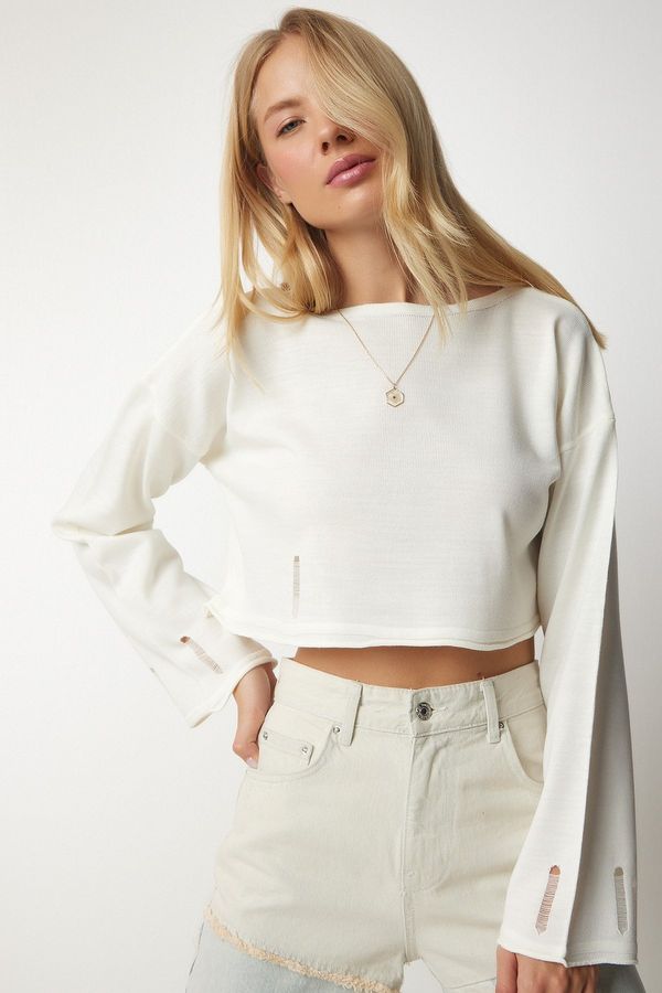 HAPPINESS İSTANBUL WOMEN'S BONE RIPPED DETAIL KNITWEAR CROP SWEATER