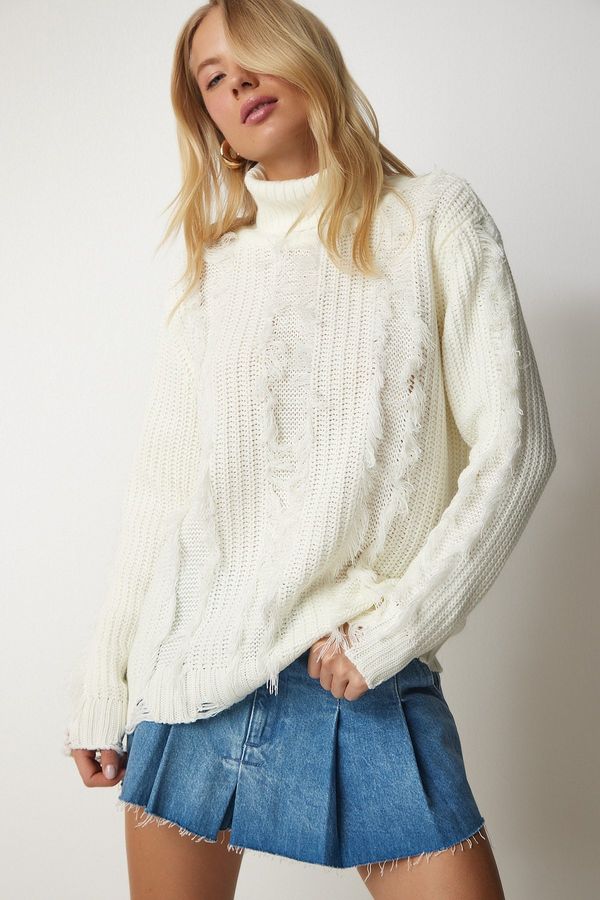 HAPPINESS İSTANBUL WOMEN'S BONE TASSEL AND RIPPED DETAIL KNITWEAR SWEATER