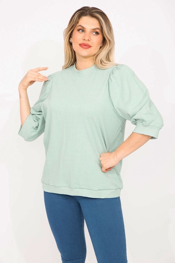 Şans Women's Large Size Green Scalloped Capri Sleeves Sweatshirt