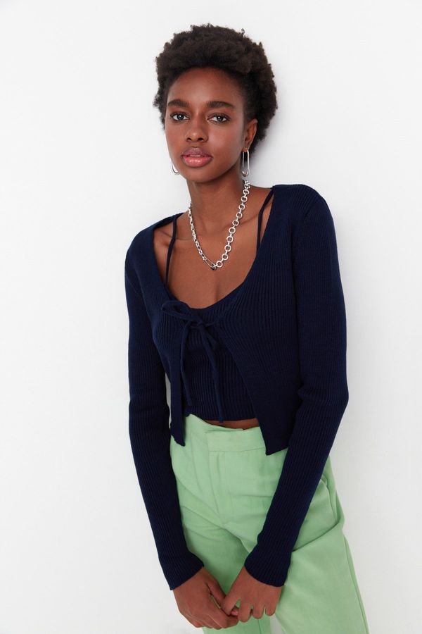 TRENDYOL NAVY BLUE CROP TOP WITH TIE DETAILED BLOUSE- CARDIGAN SWEATER SUIT KNITWEAR CARDIGAN
