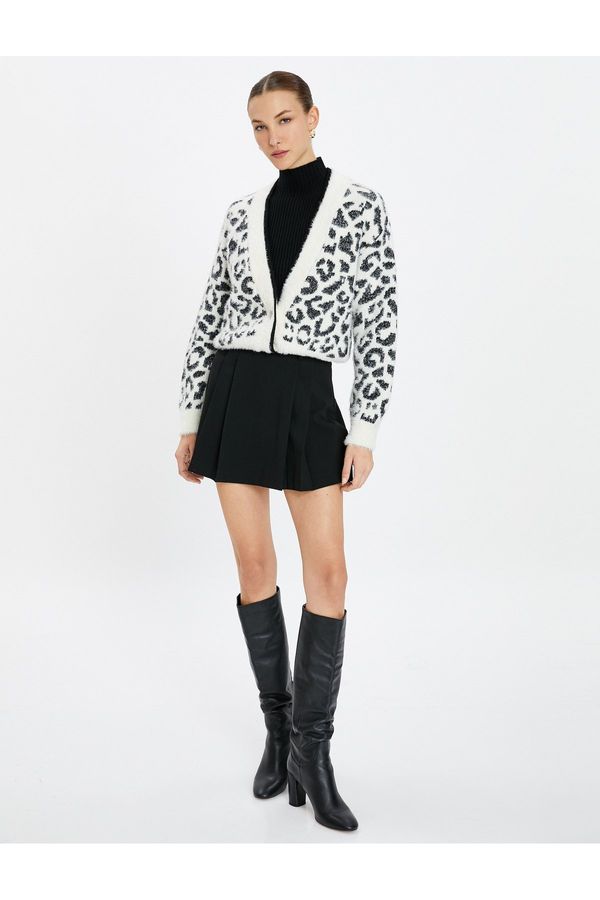 KOTON LEOPARD PATTERNED CARDIGAN WITH STONES AND BUTTONS V-NECK