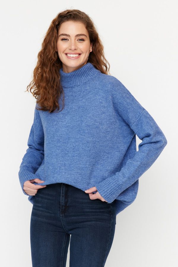 Trendyol Blue Wide Fit Soft Textured Stand-Up Collar Knitwear Sweater