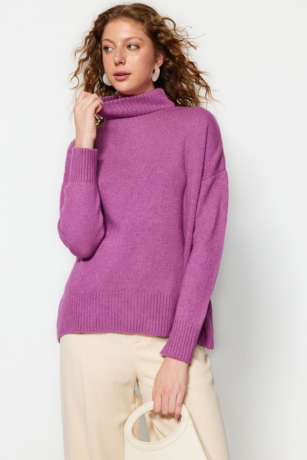 Trendyol Purple Wide Fit Soft Textured Stand-Up Collar Knitwear Sweater