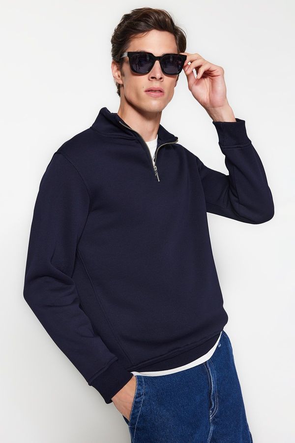 TRENDYOL NAVY BLUE REGULAR CUT STAND COLLAR ZIPPERED COTTON BASIC SWEATSHIRT