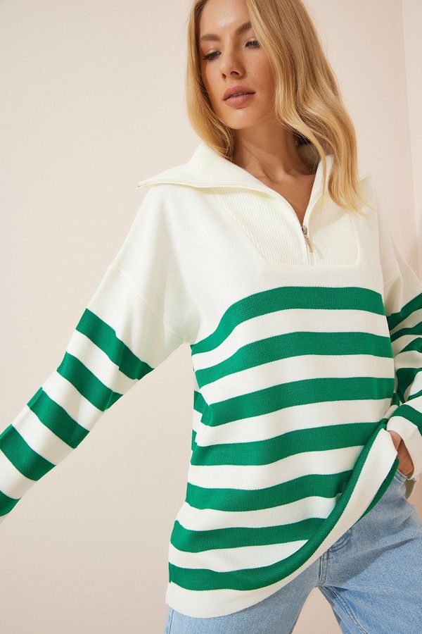 Happiness İstanbul Women's Green White Zippered Stand-Up Collar Striped Oversized Knitwear Sweater BV0009