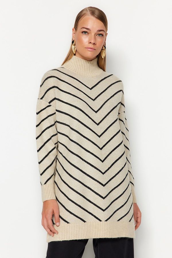 Trendyol Stone Striped Stand Up Collar Knitwear Sweater