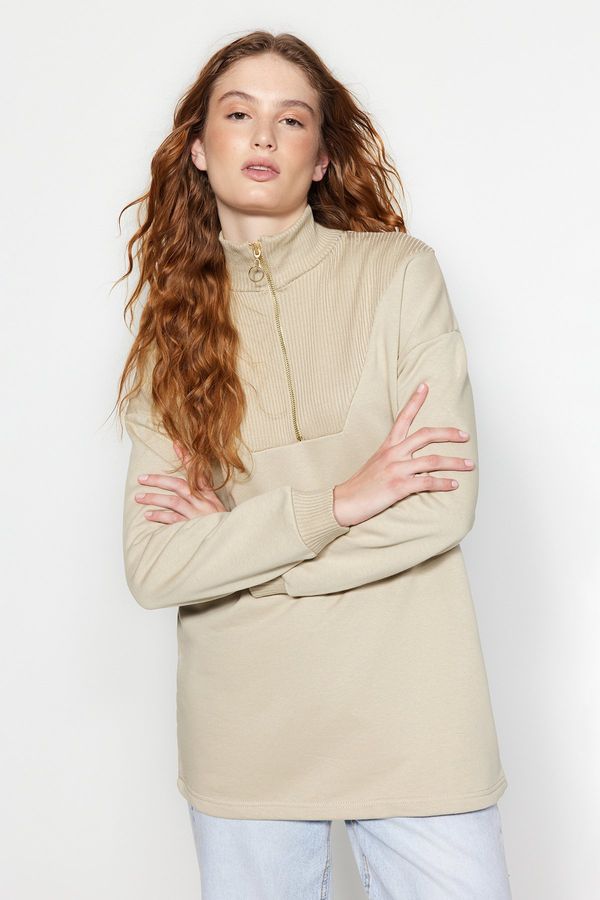 TRENDYOL STONE SLEEVE AND COLLAR DETAIL, ZIPPERED KNITTED SWEATSHIRT