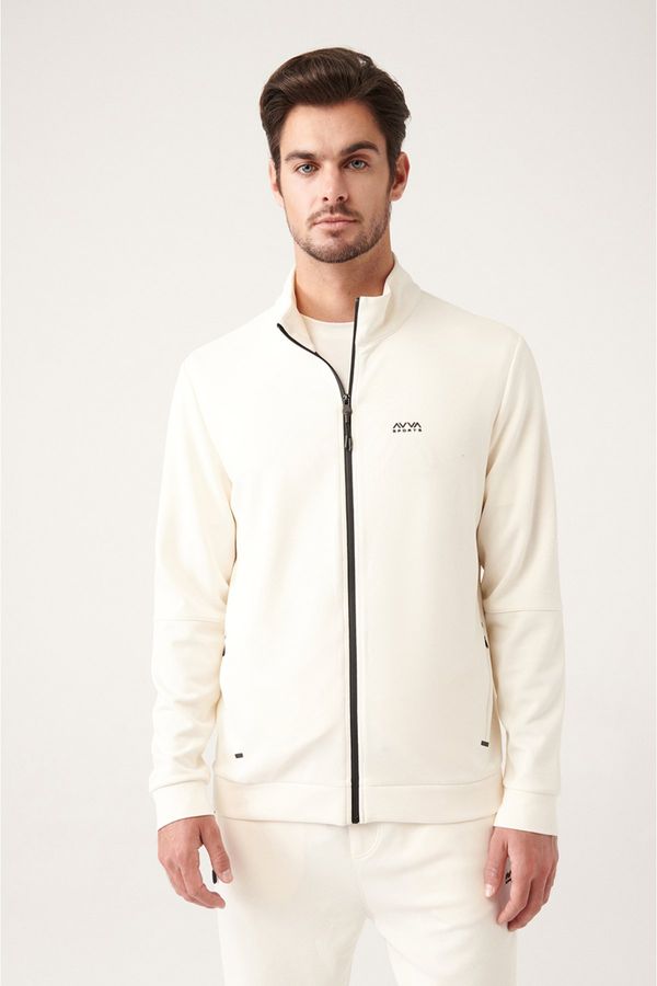 AVVA MEN'S ECRU SOFT TOUCH HIGH COLLAR FRONT ZIPPERED COMFORT FIT RELAXED CUT SWEATSHIRT