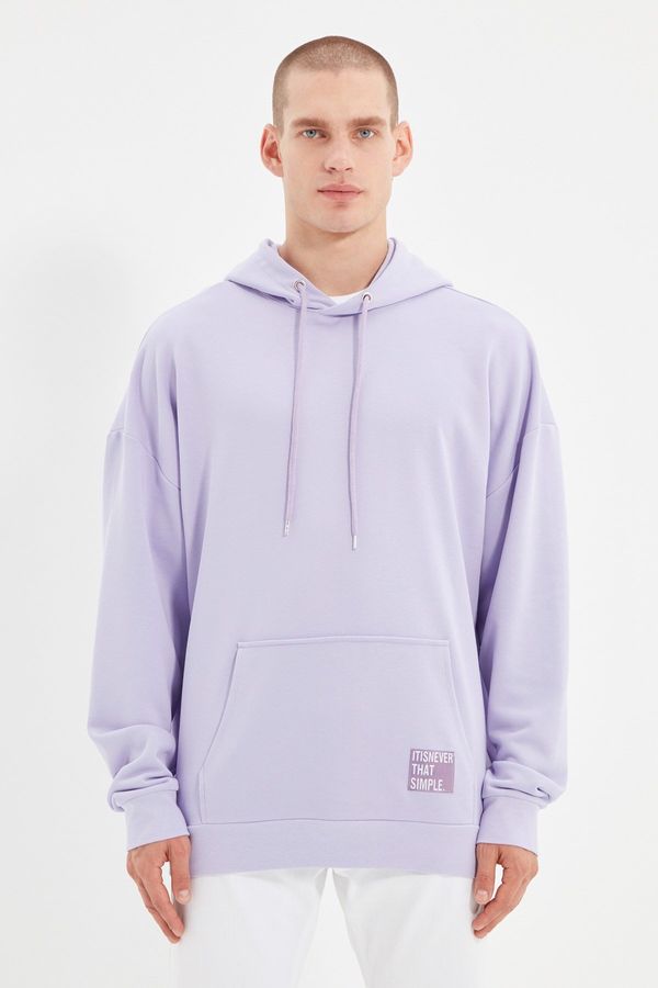 TRENDYOL BASIC LILAC OVERSIZE HOODED LABELED FLEECE COTTON SWEATSHIRT
