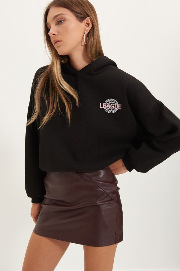 TRENDYOL BLACK BACK PRINT DETAILED HOODIE, FLEECE INNER KNITTED SWEATSHIRT