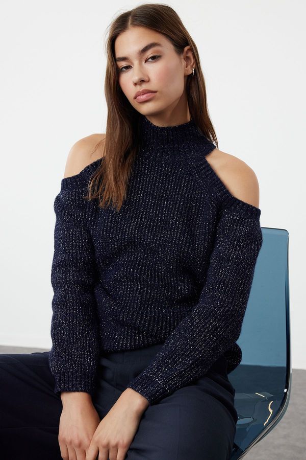 TRENDYOL NAVY BLUE GLITTER WINDOW/CUT OUT DETAILED KNITWEAR SWEATER
