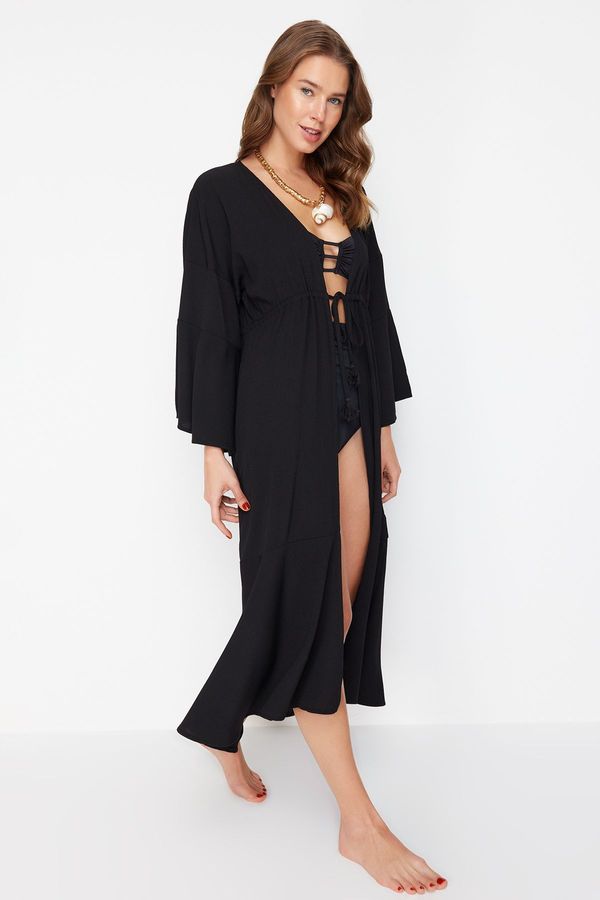 TRENDYOL BLACK MAXI WOVEN GATHERED KIMONO&KAFTAN