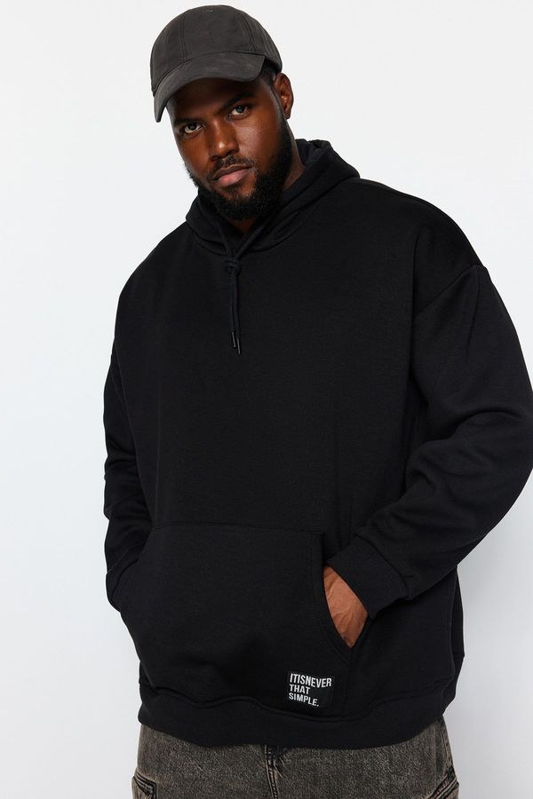 TRENDYOL BLACK LARGE SIZE BASIC COMFORTABLE HOODED LABELED COTTON SWEATSHIRT