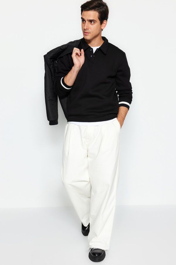 TRENDYOL MEN'S BLACK OVERSIZE/WIDE-FIT POLO NECK SLEEVE STRIPED THICK FLEECE SWEATSHIRT