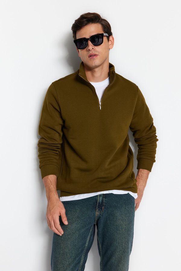 TRENDYOL GREEN REGULAR CUT STAND COLLAR ZIPPERED COTTON BASIC SWEATSHIRT