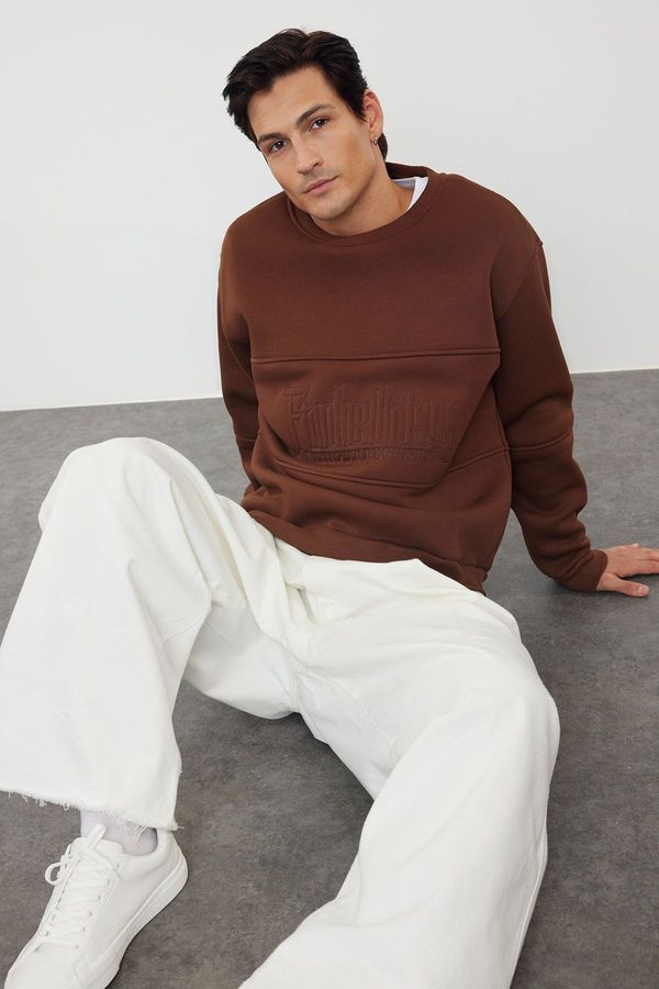 TRENDYOL BROWN OVERSIZE/WIDE CUT TEXT EMBROIDERED CREW NECK SWEATSHIRT