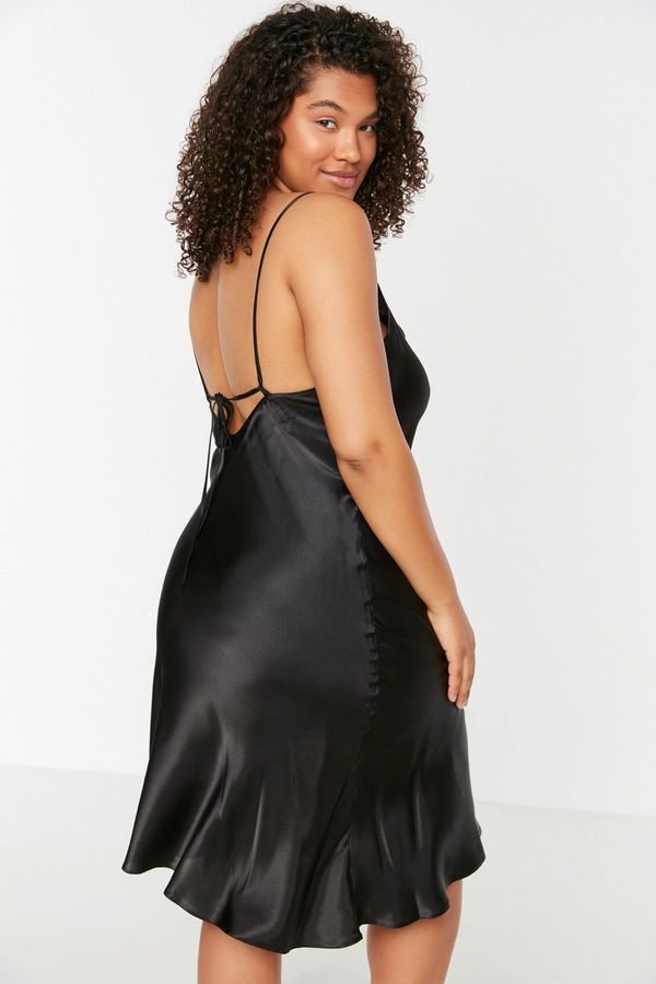TRENDYOL CURVE BLACK STRAP SATIN WOVEN BACK DETAILED NIGHTSHIRT