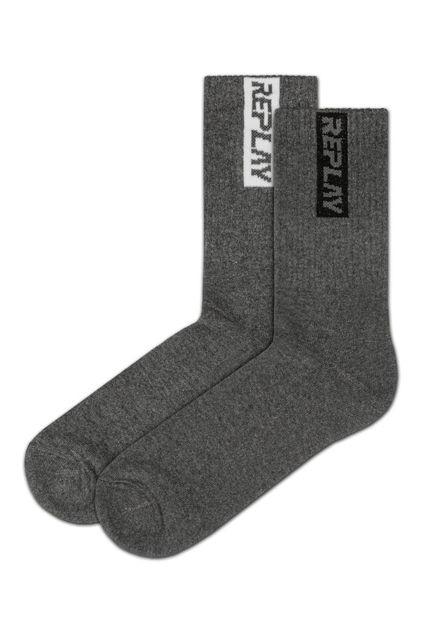 REPLAY SOCKS TENNIS HALF TERRY LEG STRIPE&LOGO 2PRS BANDEROLE - D GREY - MEN'S