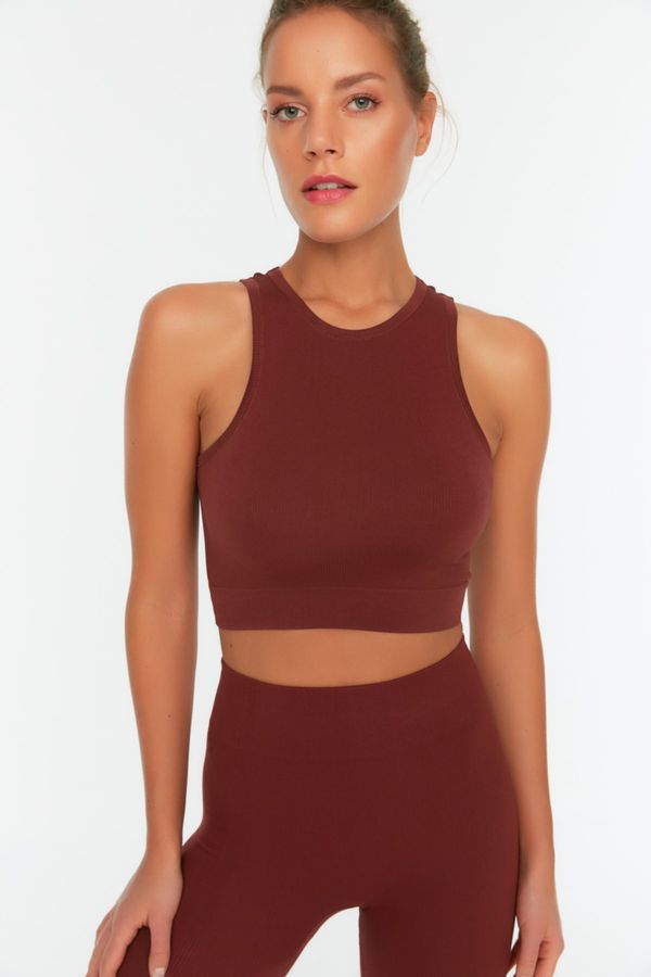 TRENDYOL BROWN SEAMLESS/SEAMLESS LIGHT SUPPORT BARBELL NECK KNITTED SPORTS BRA
