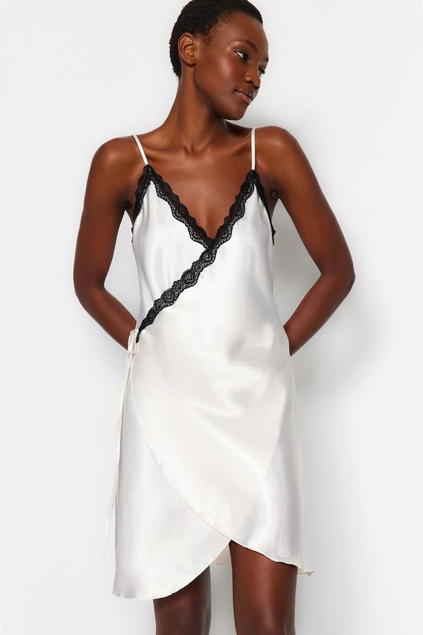 TRENDYOL ECRU DOUBLE BREASTED LACE DETAILED SATIN WOVEN NIGHTGOWN