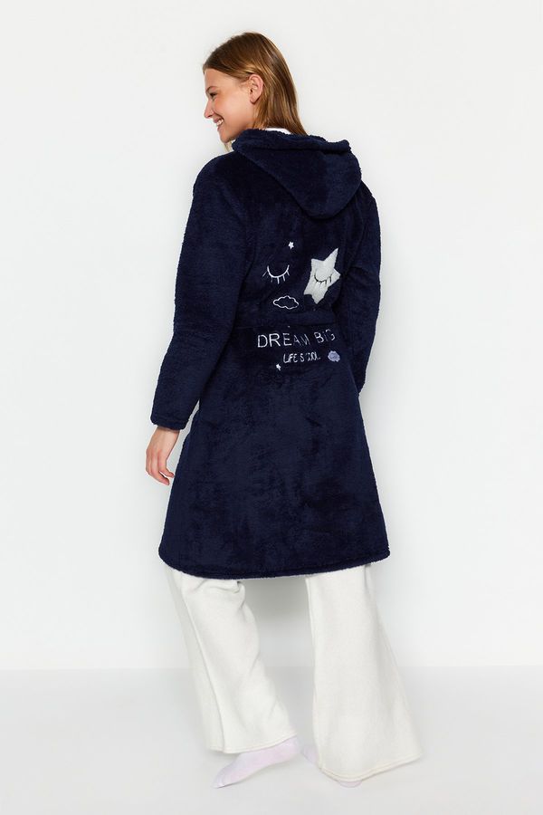 TRENDYOL NAVY BLUE BELTED WELLSOFT BACK DETAILED HOODED KNITTED DRESSING GOWN