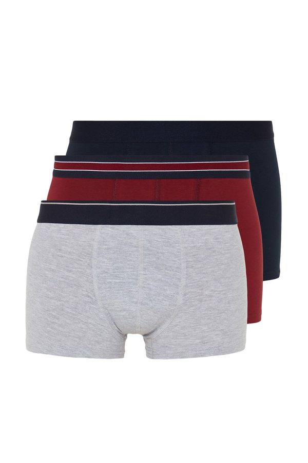TRENDYOL CLARET RED-GREY-NAVY BLUE PLAIN STRIPED ELASTIC BASIC 3 PACK COTTON BOXERS