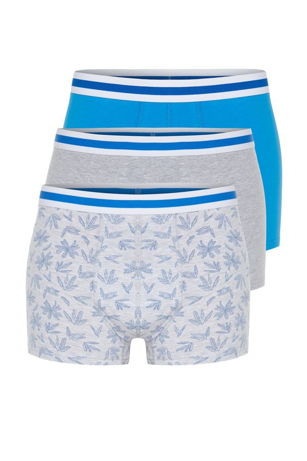 TRENDYOL 3-PIECE GREY-BLUE TROPICAL PATTERNED-PLAIN MIX COTTON BOXERS