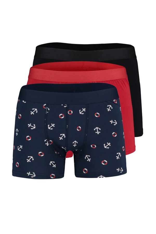 TRENDYOL MULTICOLORED 3-PIECE MARINE PATTERNED-PLAIN PACK COTTON BOXERS