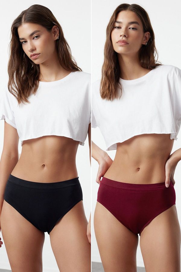 TRENDYOL BLACK-CLARET RED 2 PACK SEAMLESS HIPSTER KNITTED PANTIES