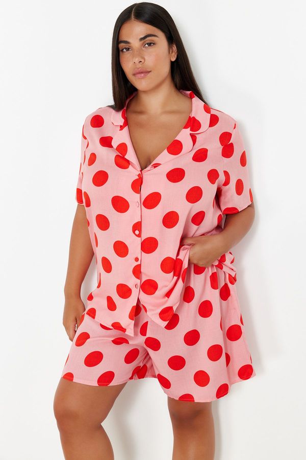 TRENDYOL CURVE PINK SHIRT COLLAR POLKA DOT WOVEN PAJAMA SET
