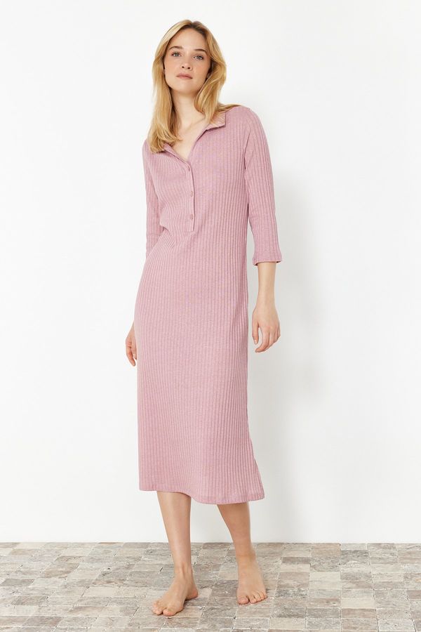 TRENDYOL DUSTY ROSE COTTON BUTTON AND SLIT DETAILED CORDUROY KNITTED NIGHTGOWN