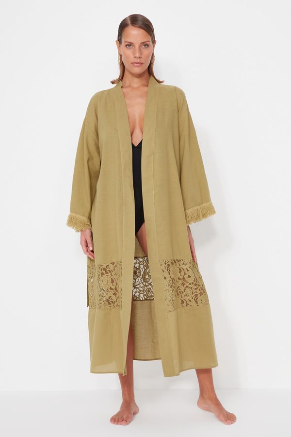TRENDYOL GREEN BELTED MAXI WOVEN 100% COTTON KIMONO&CAFTAN WITH LACE