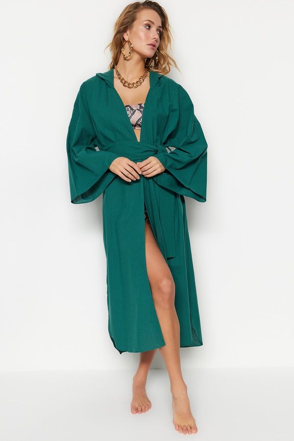 TRENDYOL GREEN BELTED MAXI WOVEN HOODED 100% COTTON KIMONO & CAFTAN