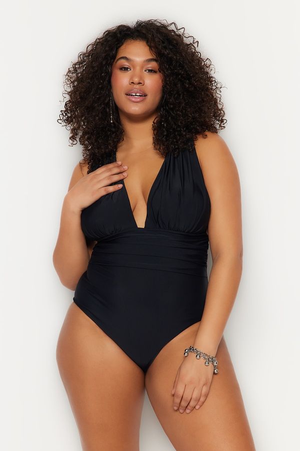 TRENDYOL CURVE BLACK DEEP V BACK CROSS-RECOVERY SWIMSUIT