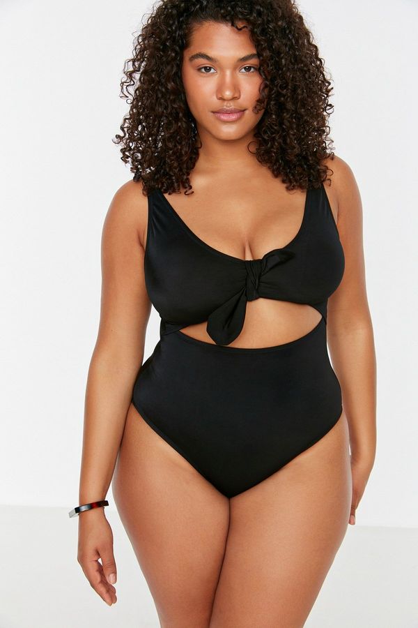 TRENDYOL CURVE BLACK DEEP V-NECK CUT-OUT TIED THROW LINED SWIMSUIT