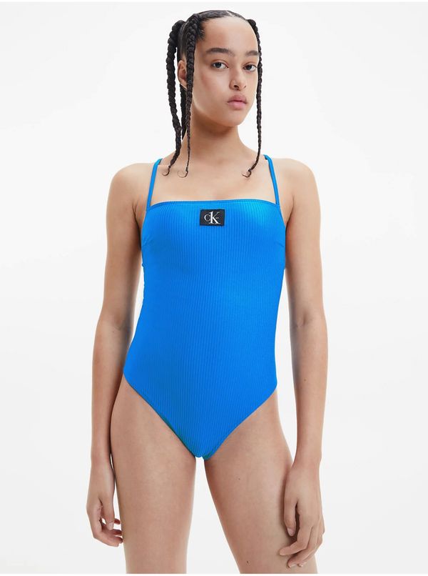 BLUE WOMEN'S RIBBED ONE-PIECE SWIMWEAR CALVIN KLEIN UNDERWEAR - WOMEN
