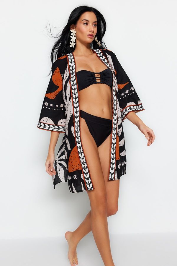 TRENDYOL ETHNIC PATTERN BELTED MINI WOVEN 100% COTTON KIMONO & KAFTAN
