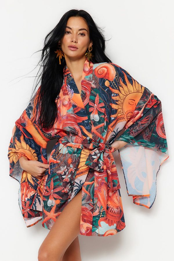 TRENDYOL TROPICAL PATTERNED BELTED MINI WOVEN KIMONO & CAFTAN