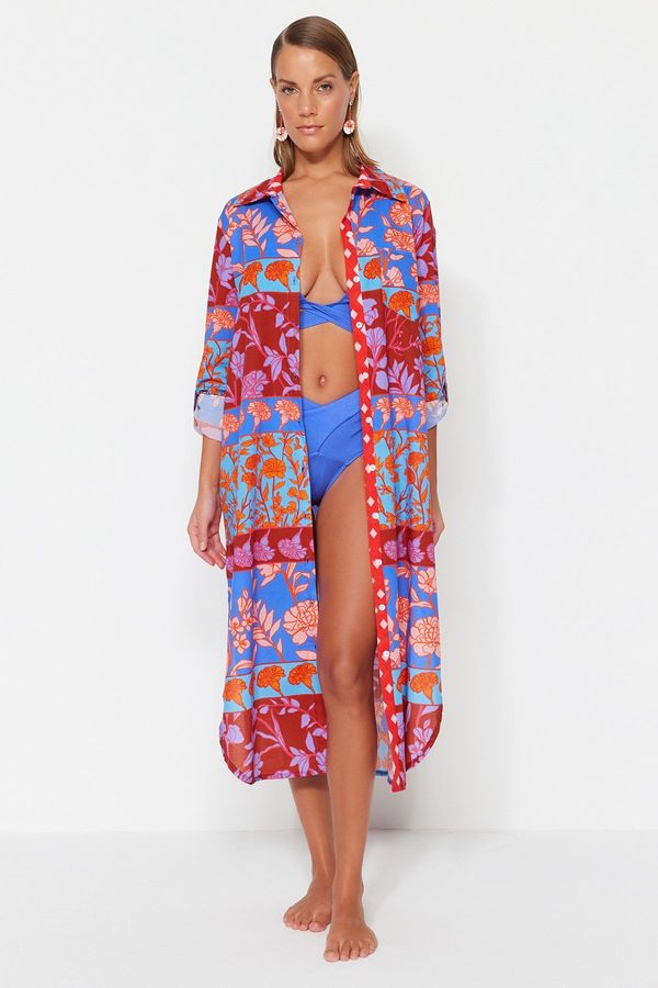TRENDYOL FLORAL PRINT MIDI WOVEN 100% COTTON KIMONO & CAFTAN
