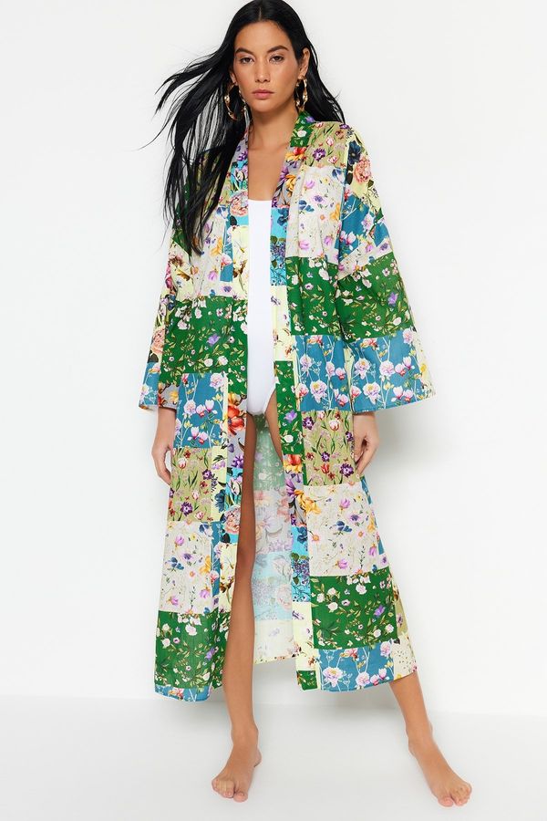 TRENDYOL FLORAL PATTERN BELTED MAXI-WEAVE 100% COTTON KIMONO & CAFTAN