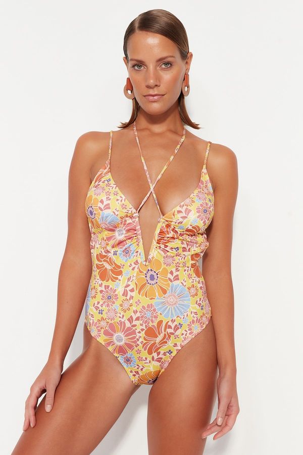 TRENDYOL FLORAL PATTERN DEEP-CHOCOLATE LOW-CUT BACK REGULAR LEG SWIMSUIT