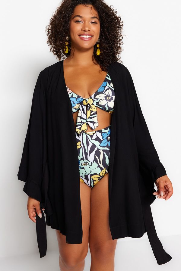 TRENDYOL CURVE BLACK FLOUNCE VISCOSE WOVEN KIMONO & KAFTAN