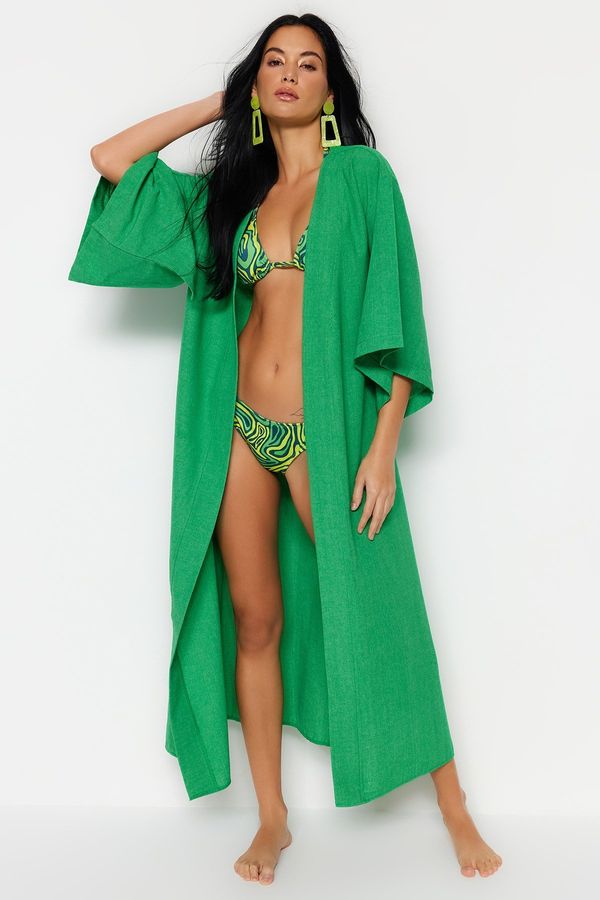 TRENDYOL GREEN BELTED MAXI WOVEN LINEN LOOK KIMONO & KAFTAN