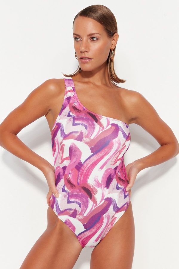 TRENDYOL ABSTRACT PATTERNED ONE-SHOULDER TIE REGULAR LEG SWIMSUIT