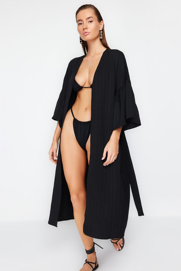 TRENDYOL BLACK BELTED MAXI WOVEN FLOUNCE LINEN BLENDED KIMONO & KAFTAN