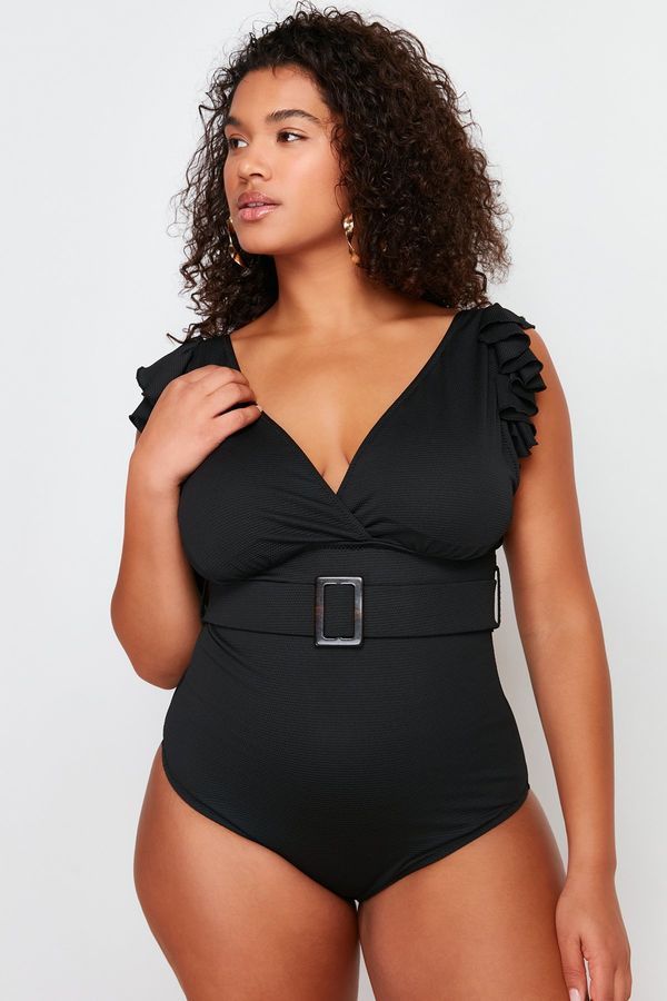 TRENDYOL CURVE BLACK DEEP V BELTED KNITTED SWIMSUIT WITH RECOVERY EFFECT