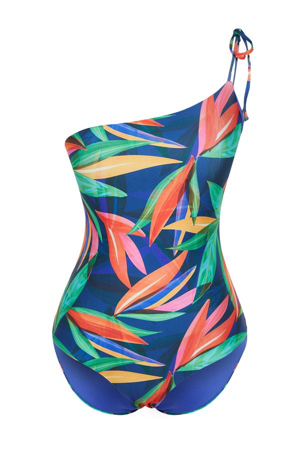 TRENDYOL TROPICAL PATTERNED ONE-SHOULDER TIE REGULAR SWIMSUIT