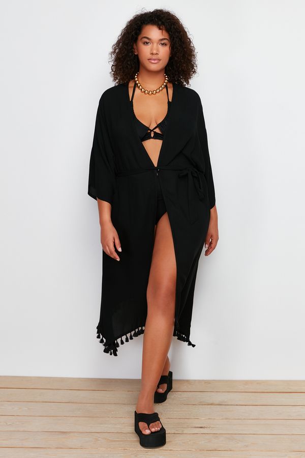 TRENDYOL CURVE BLACK TASSELED WOVEN KIMONO & KAFTAN
