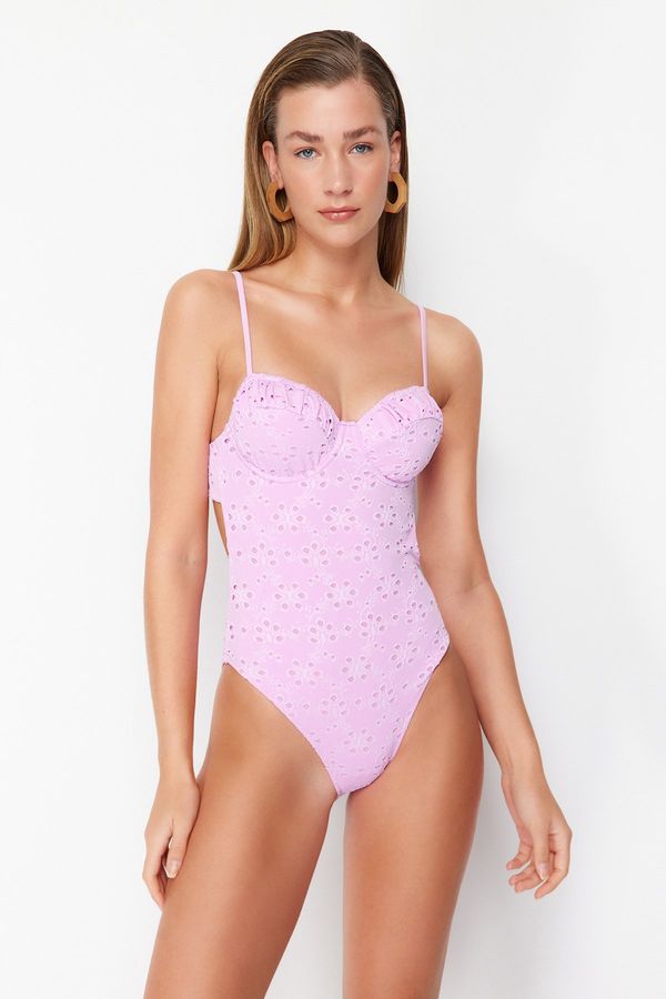 TRENDYOL PINK V-NECK TIE-UP REGULAR SWIMSUIT