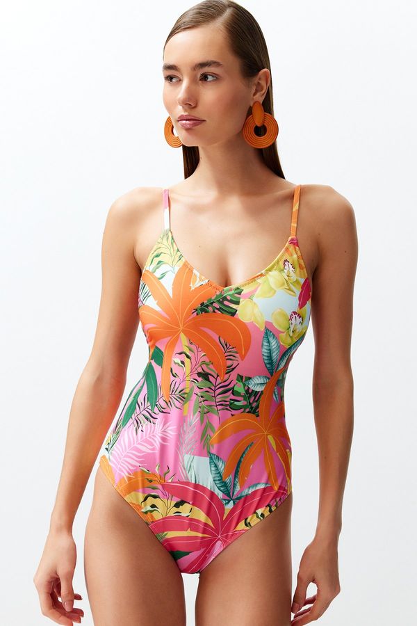 TRENDYOL TROPICAL PATTERNED V-NECK LOW-CUT BACK REGULAR SWIMSUIT